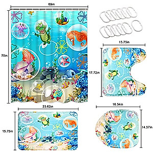 Alishomtll 4 Pcs Kids Ocean Shower Curtain Set with Non-Slip Rug, Toilet Lid Cover and Bath Mat, Funny Sea Fish Shower Curtain with Hooks, Cartoon Octopus Nautical Shower Curtains for Bathroom Decor