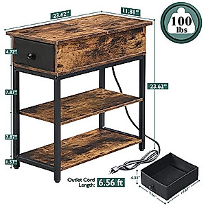 Yoobure End Table with Charging Station, Narrow Sofa Side Table with USB Ports & Outlets, Flip Top Nightstand with Drawer & 2 Storage Shelves End Table for Living Room/Bedroom/Bedside/Couch/Office
