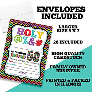 HOLY @% 50th Birthday Party Invitations, 20 Funny 5x7 Fill In Cards with Twenty White Envelopes for Milestone Birthdays by AmandaCreation