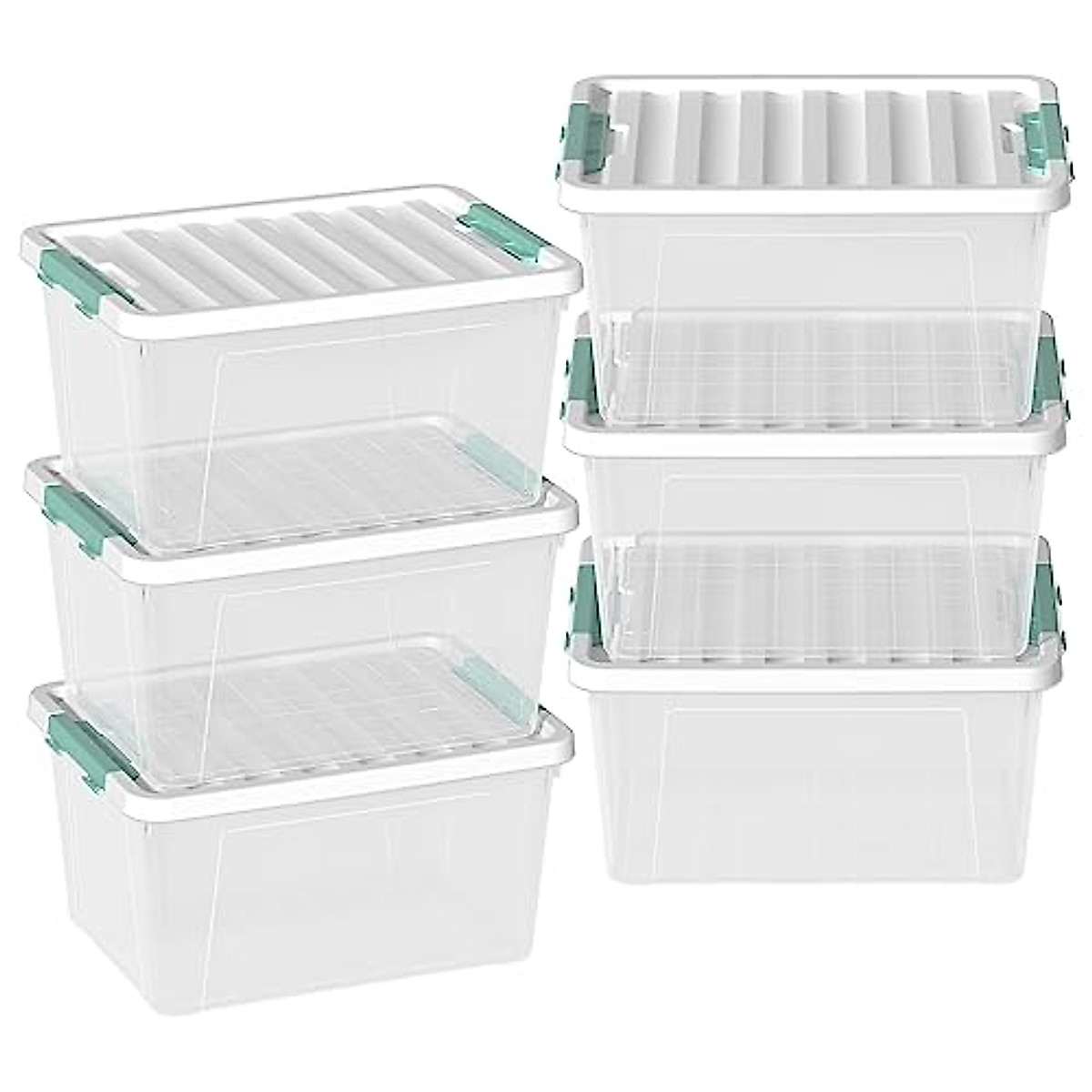 Buyitt 6-Pack 35 quart Large Plastic Storage Bin, Latching Box with Clear Base, White Lid and Green Latches
