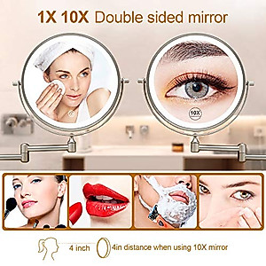 Rechargeable Lighted Makeup Mirror Wall Mount, Extendable Double Side Vanity Mirror with 10X Magnification 3 Color Lights 8 Inch Bathroom Mirror Nickel