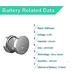 KaPonsec SR721SW 362 361 1.55v Watch Battery 10 Count (Pack of 1)