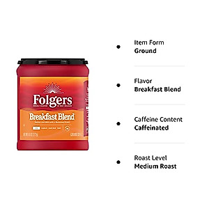 Folgers Breakfast Blend medium_roast Ground Coffee, Smooth & Mild Coffee, 9.6 Ounce Canister