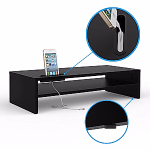 BONTEC Wood Monitor Stand Riser, 2 Tiers with Storage Organizer, Desktop Ergonomic Cellphone Holder and Cable Management, 21.3 Inch Shelf, Black