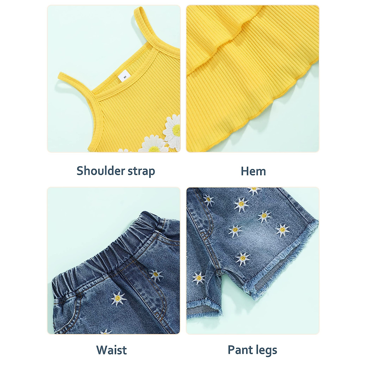 itkidboy Toddler Baby Girls Clothes Ruffle Cami Tank Flower Tops Blouse Denim Shorts Pants Kids Summer Outfit Set(3-4T)