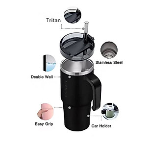 40 oz Tumbler With Handle and Straw Lid Reusable Stainless Steel Insulated Tumblers Travel Mug for Hot and Cold Beverages Thermos Travel Coffee Mug (Coffee)