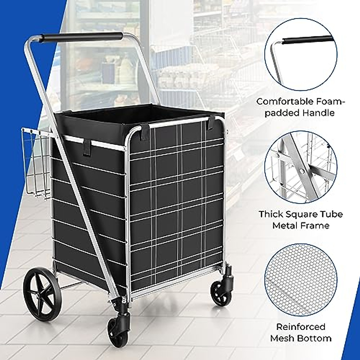 Goplus Shopping Cart for Groceries, Jumbo Upgraded Folding Grocery Cart with Waterproof Liner, 330 LBS Weight Capacity, 360° Rolling Swivel Wheels and Double Basket, Heavy Duty Foldable Utility Cart