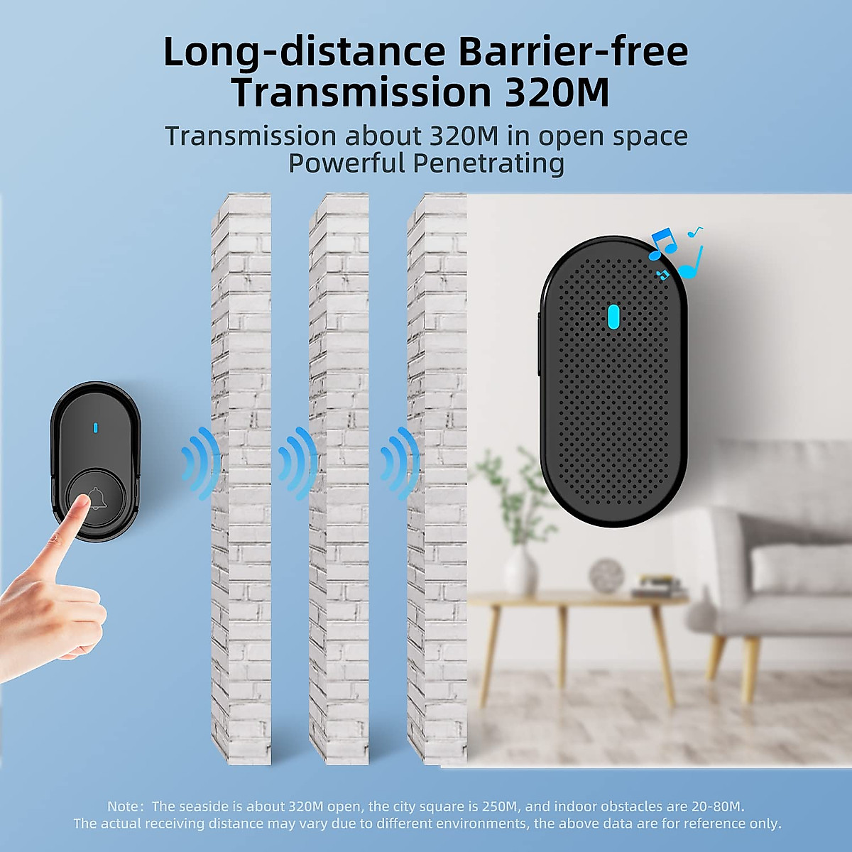 Smart Wireless doorbell IP65 waterproof 320M range door bells 38 Songs Chime door ring Elderly pager (Black)