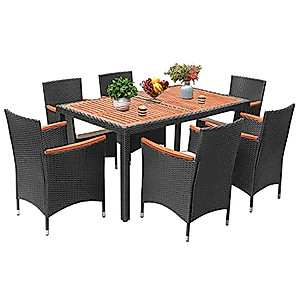 Flamaker 7 Piece Patio Dining Set Outdoor Acacia Wood Table and Chairs with Soft Cushions Wicker Patio Furniture for Deck, Backyard, Garden