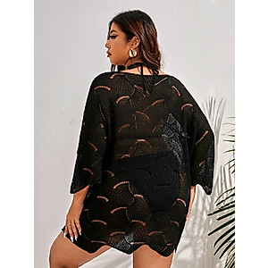 MakeMeChic Women's Plus Size Swimsuit Crochet Cover Up Bathing Suit Beach Dress Black 3XL