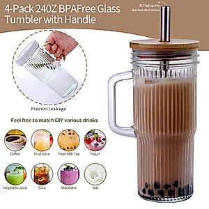 Birity 24oz Ribbed Glass Cup with Lids and Straws,2Pack Glass Tumbler with Handle,Reusable iced Coffee Cups,Wide Mouth Mason jar Cup for Smoothie,Iced Coffee,Fruit Juice,Soda Water,Tea,Travel Mug