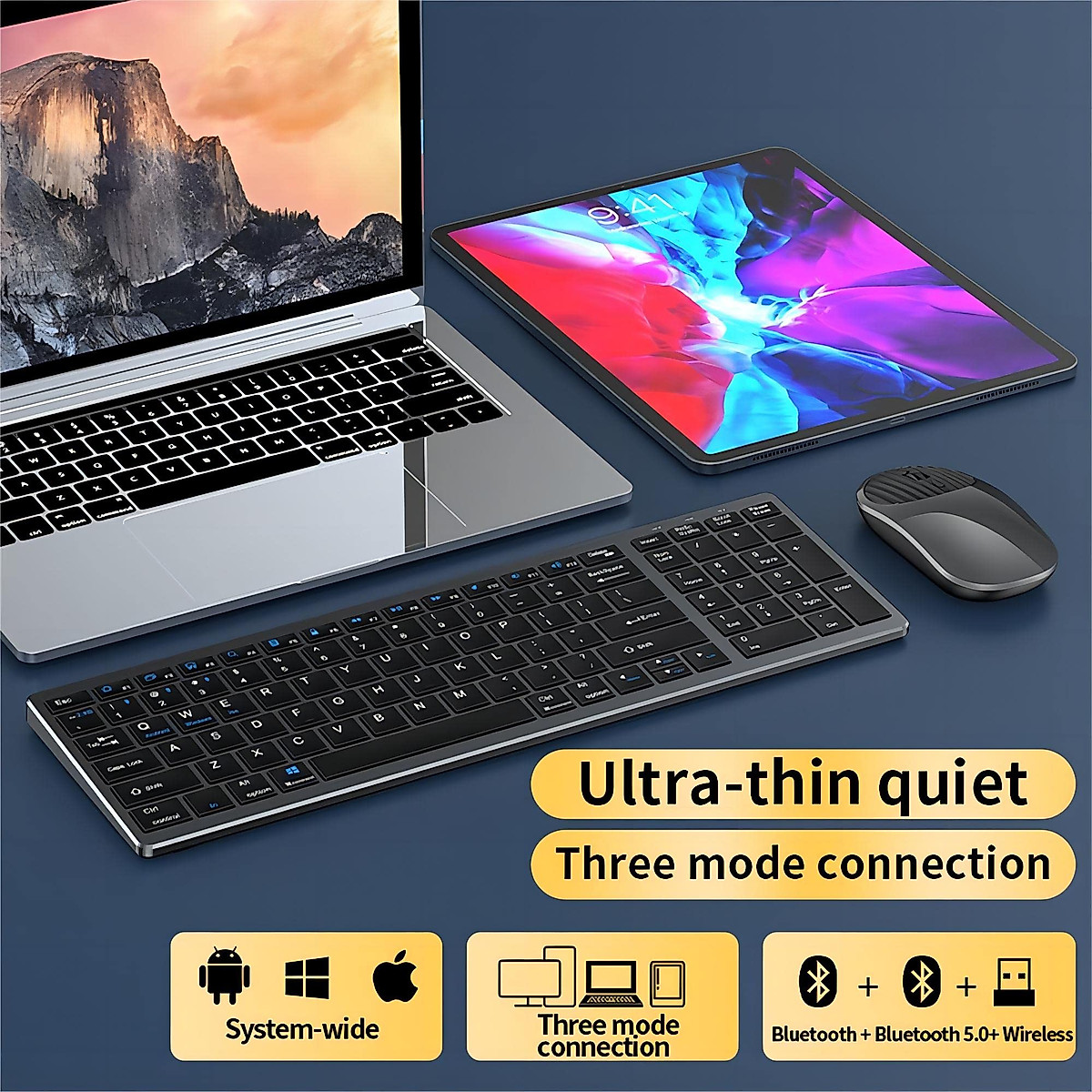 Wireless Keyboard and Mouse Combo, Bluetooth Keyboard and Mouse Rechargeable, Ultra Thin Compact Full-Size Keyboard for PC Desktop and Windows, Mac, iOS,Chrome OS, and Android Devices