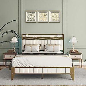 Saudism LED Bed Frame with Charging Station, King Size Bed Frame with Headboard Storage, Sturdy and Durable, No Box Spring Needed, Gold+Beige