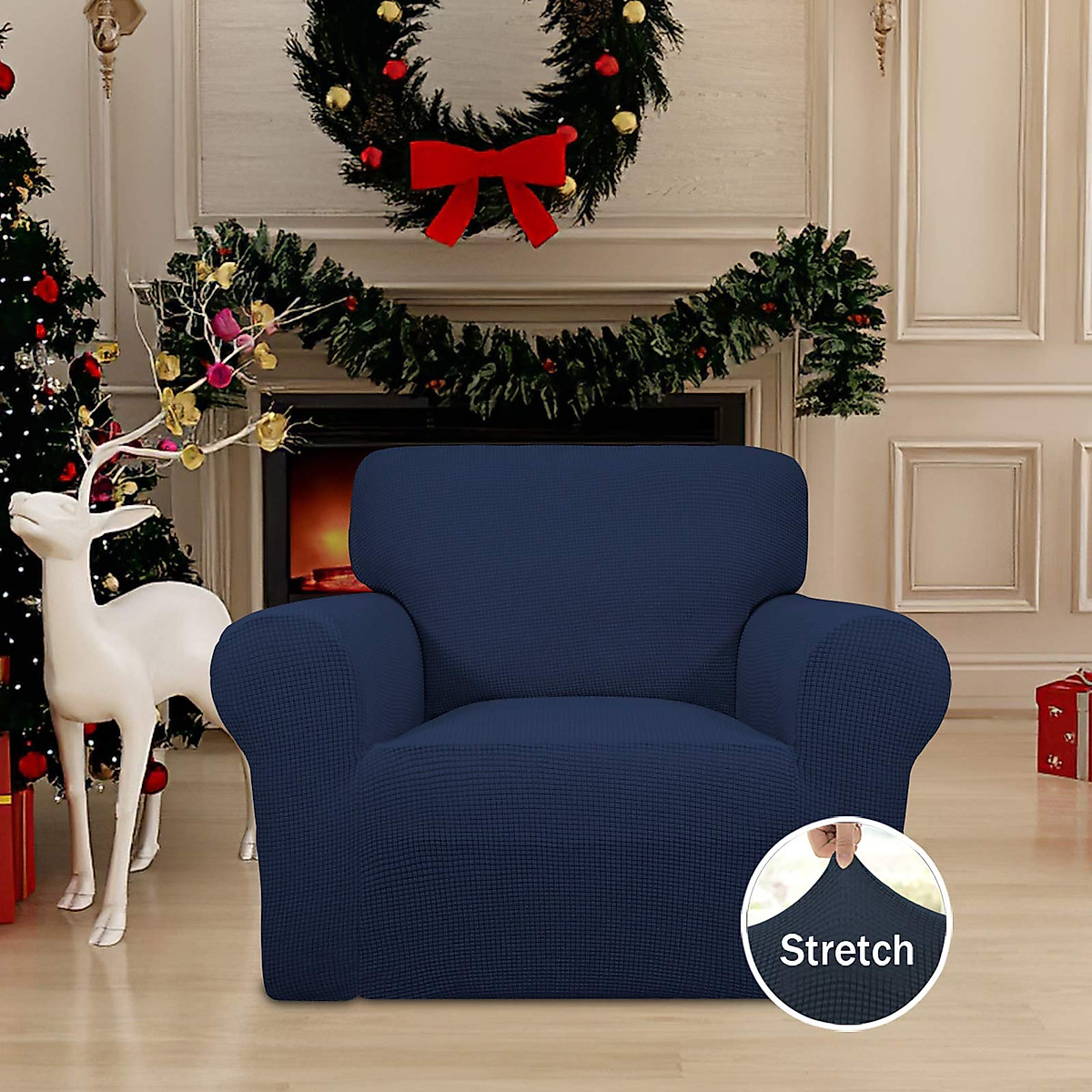 Easy-Going Stretch Chair Sofa Slipcover 1-Piece Couch Sofa Cover Furniture Protector Soft with Elastic Bottom for Kids, Pet. Spandex Jacquard Fabric Small Checks (Chair, Navy)