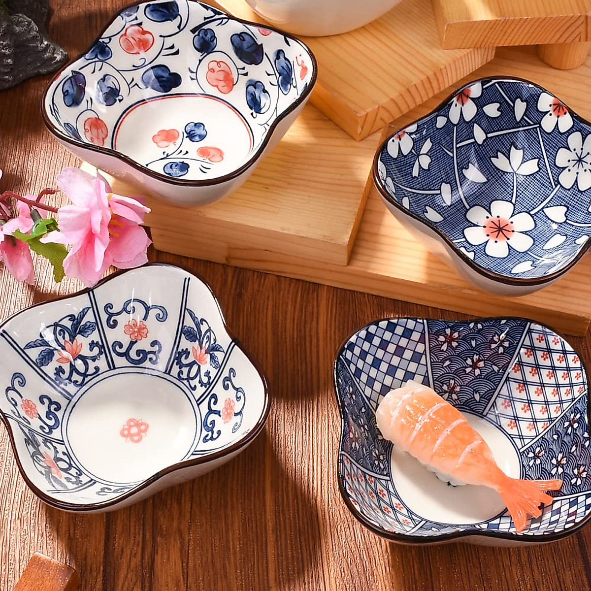 BOSILI Sauce Bowl Set of 6-4 OZ Sauce Plate, 6 Different Pattern Dipping Bowls/Dish, Mini Small Bowls for Soy Sauce, Ketchup, Condiments, Salad Dressing, Spices