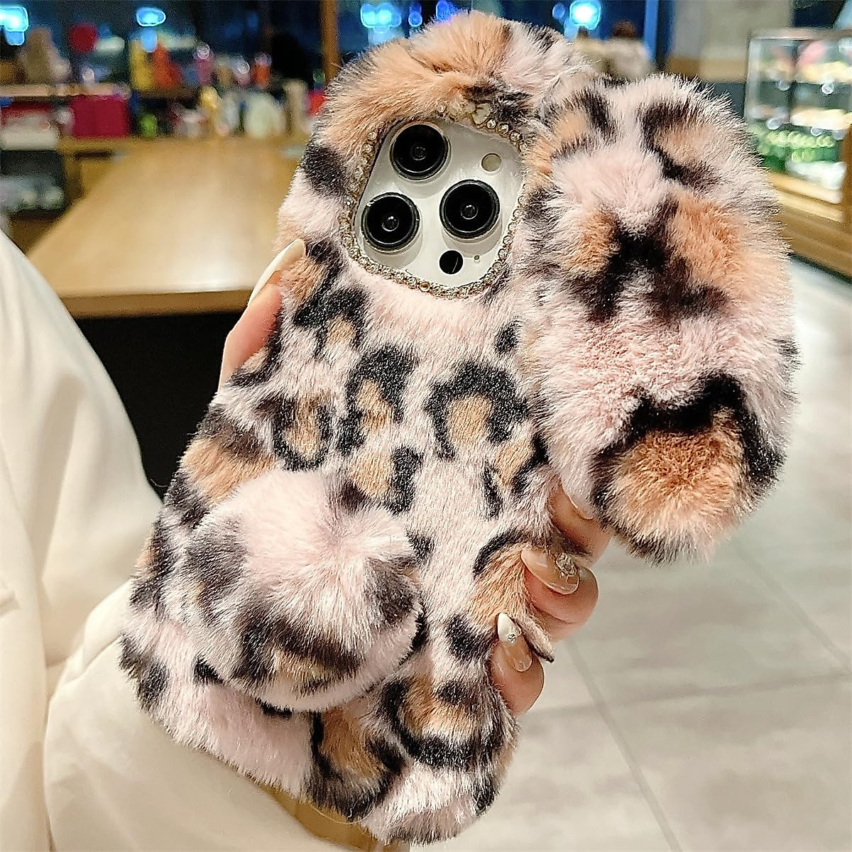 for Samsung A04/A04s Furry Case, Lucky Leopard Pattern Cute Rabbit Bunny with Soft Fluffy Ears Tail Doll Fuzzy Hair Fur Plush Phone Case Cover Women Girl