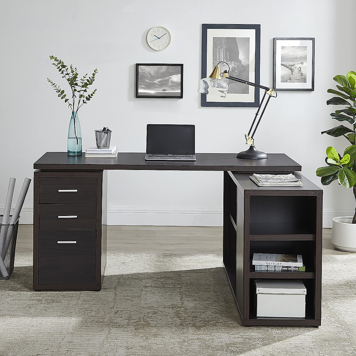 Naomi Home Ariel L Shaped Executive Desk with Drawers, Wood Home Office Corner Desk, File Drawer, Storage Cabinet, 60 inch Computer Writing Desk- Espresso