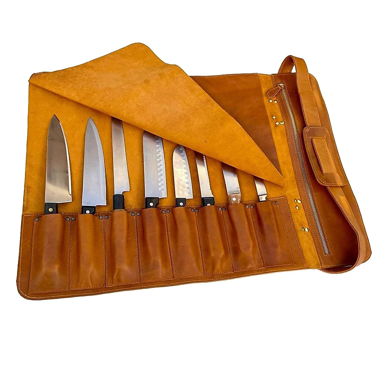 MARION - LE KANGOU - Genuine Calf Top Grain Leather - Handcrafted Professional Chef Knife Storage Roll Bag - 8 Pockets - Detachable Shoulder Strap - Zippered Interior Pocket