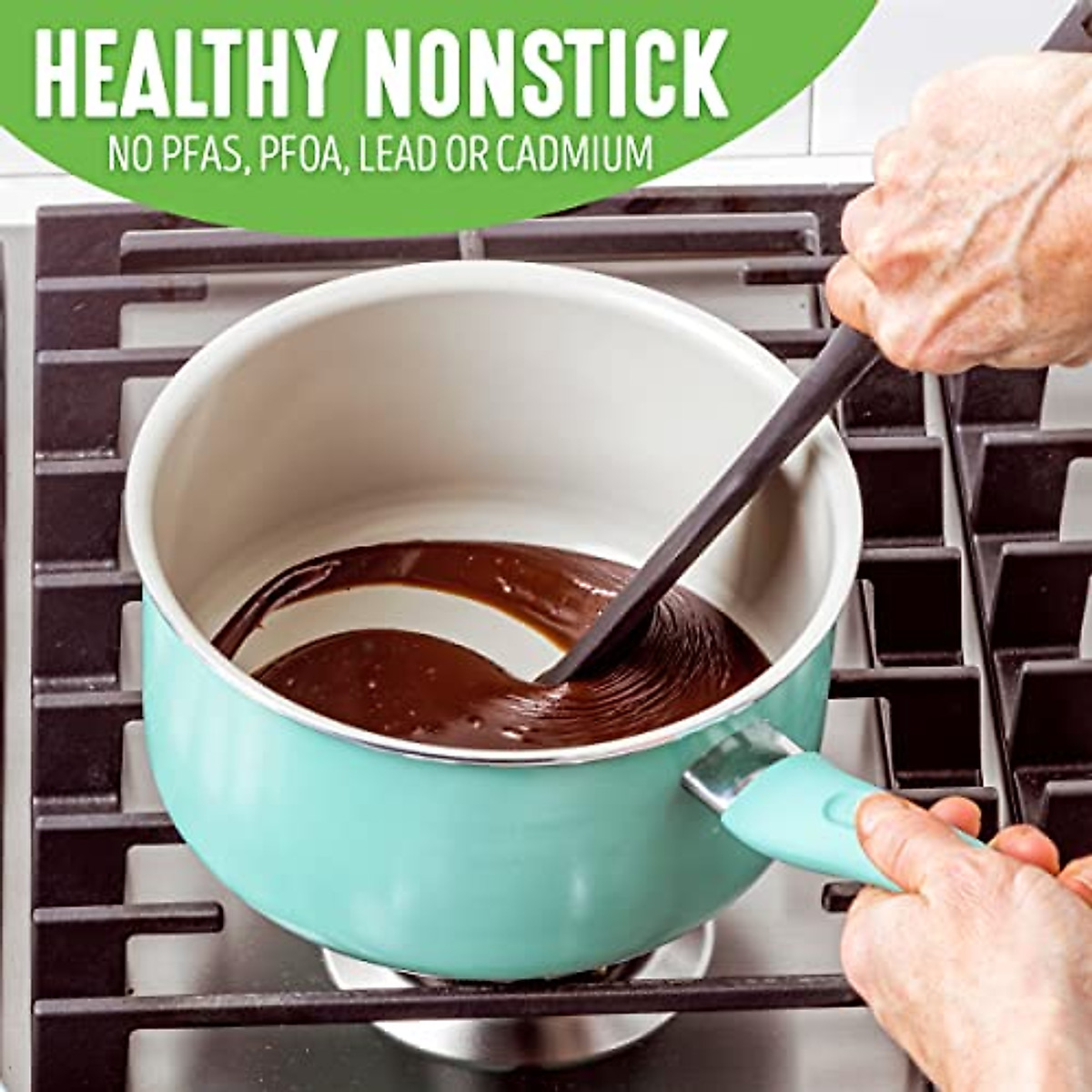GreenLife Soft Grip Diamond Sandstone Healthy Ceramic Nonstick, 2QT Saucepan Pot with Lid, PFAS-Free, Dishwasher Safe, Turquoise and Cream