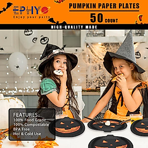 EPHYO 50Count Halloween Paper Plates 10.24 x 10in Disposable Party Supplies Black Pumpkin Dessert Dinner Birthday Party Decorations Cake Appetizer Cute Dinnerware Tableware for Kids