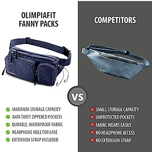 OlimpiaFit Fanny Pack for Women and Men - Waist Bag w/ 6 Anti-Theft Pockets & Plus Size Belt Extension - Water Resistant Travel Accessories - Black