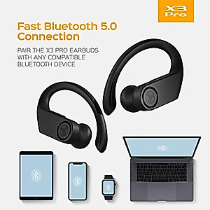 TREBLAB X3 Pro - True Wireless Earbuds with Earhooks - 45H Battery Life, Bluetooth 5.0, IPX7 Waterproof Headphones - TWS Bluetooth Earphones with Charging case for Sport, Running, Workout - Black