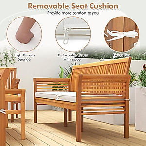Tangkula 5 Piece Patio Furniture Set, Acacia Wood Conversation Set with 3-Seat Bench, Loveseat, 2 Armchairs & Coffee Table, Cushioned Outdoor Chair Set for Porch, Balcony (Off White)