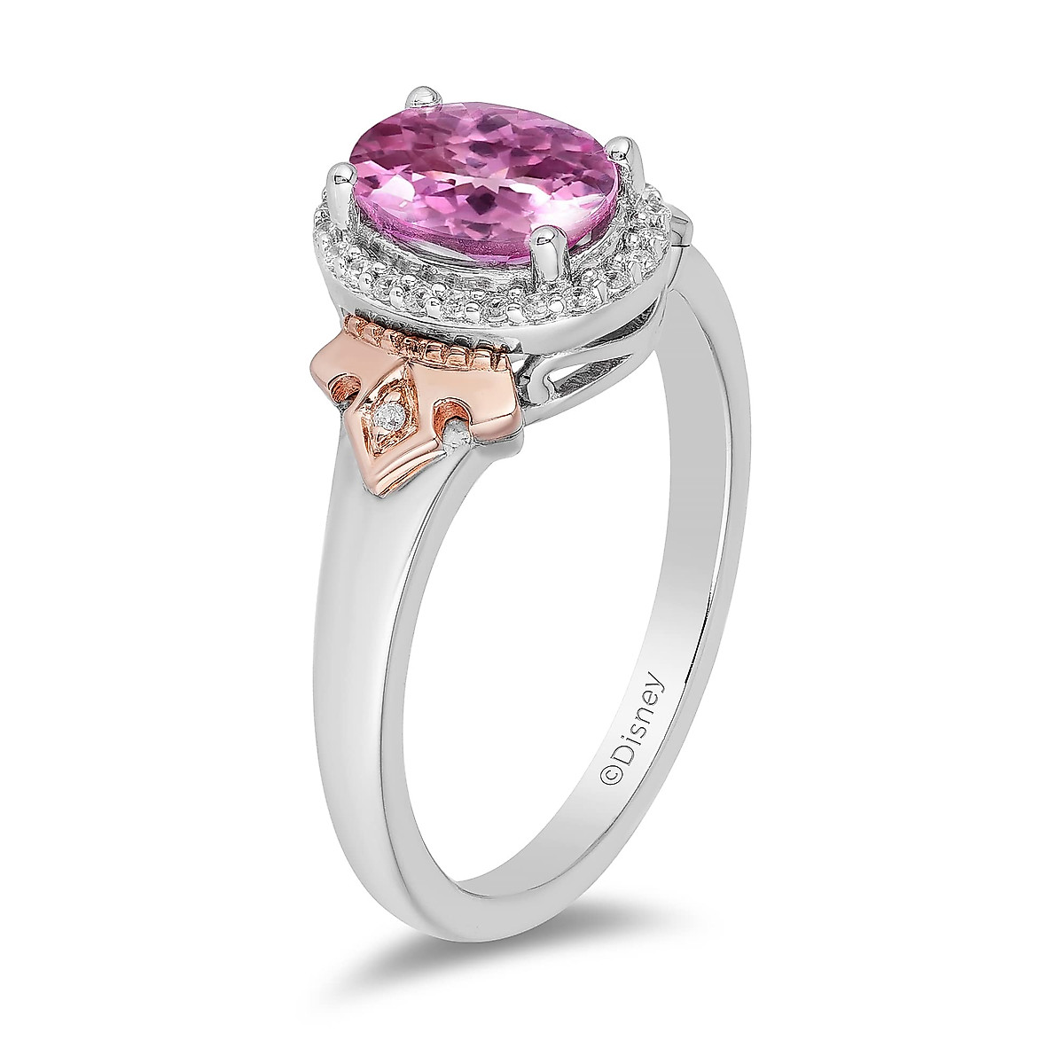 Jewelili Enchanted Disney Fine Jewelry Rose Gold over Sterling Silver 8X6 MM Lab Grown Oval Shape Pink Sapphire and 1/10 Cttw Natural White Round Diamond Aurora Ring, Size 5