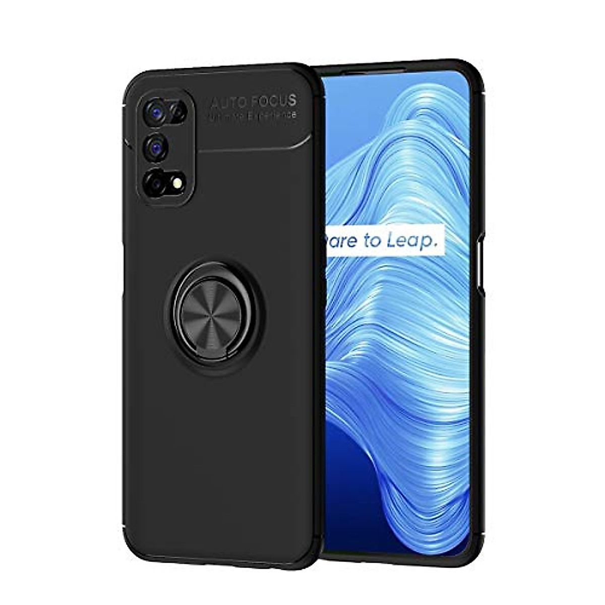 Asuwish Phone Case for Oppo Realme 7 Pro with Tempered Glass Screen Protector Cover and Cell Accessories Stand Kickstand Ring Holder Soft TPU Silicone Rubber Protective Realme7 7Pro Women Men Black