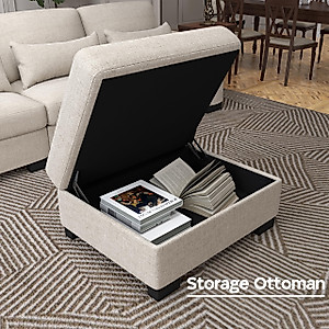 Lonkwa 130" Modular Sectional Sofa Couch, Beige Convertible L-Shaped Couch with 4 Pillow, 4 Seat Modern Fabric Modular Sectional Couch with Storage Ottoman, Sectional Couches for Living Room