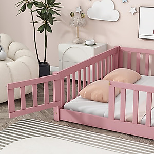 Harper & Bright Designs Full Size Floor Bed Montessori Bed Frame with Fence and Door, Wooden Full Platform Bed for Kids, Boys Girls, Slats Included, No Box Spring Needed (Full, Pink)