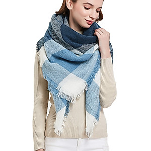 Wander Agio Womens Warm Blanket Scarf Square Winter Shawls Infinity Scarves Stripe Plaid Blue Navy Cyan 2