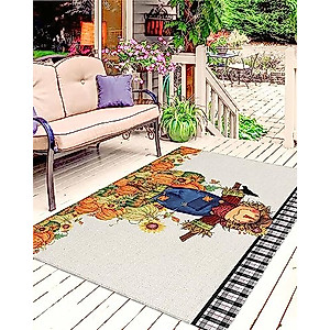 Outdoor Area Rug for Patio,Scarecrow Pumpkin Autumn Thanksgiving Camping Rugs Indoor Large Floor Mat 4x6ft,Farmhouse Black Plaid Linen Outside Carpet for Deck RV Picnic Porch Backyard Bedroom