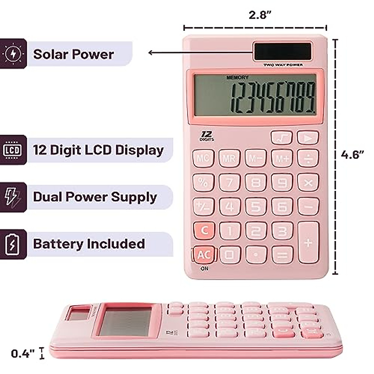 Mr. Pen- Standard Function Calculator, 12 Digits, Small Calculator, Light Pink Solar Calculator, Pocket Calculator, Simple Calculator, Basic Office Calculators, Solar Handheld Calculator