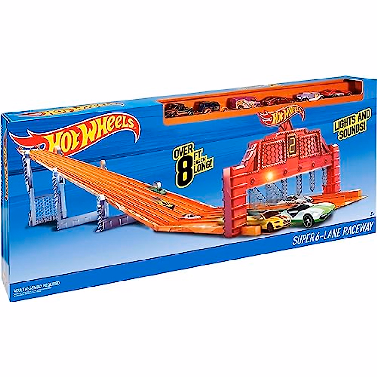Hot Wheels Toy Car Track Set Super 6-Lane Raceway, 8Ft Track That Rolls Up for Storage, 6 1:64 Scale Cars