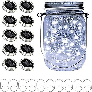 ANGMLN Upgraded Solar Mason Jar Lid Lights, 10 Pack 30 LED Fairy Star Firefly String Lids Lights Including (10 pcs Hangers),for Wedding Patio Garden Party Decorations (No Jars)