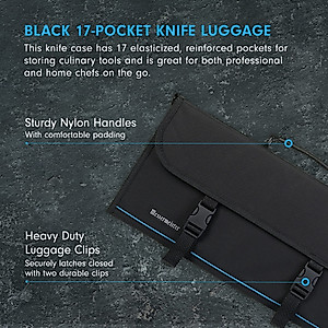Messermeister 17-Pocket Knife Case with Large Outer Pocket, Black - 17 Elasticized, Reinforced Pockets for Culinary Tools - Holds Up to 18” Knives - Functional, Stylish & Durable