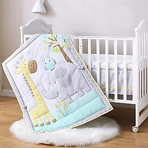 SpringBaby Crib Bedding Set for boy Girl, 3-Piece Cotton Baby Bedding Set, Portable Standard Crib Bedding Set Neutral, Woodland Deer Elephant Crib Bedding Set, Yellow/Grey/Teal