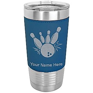 LaserGram 20oz Vacuum Insulated Tumbler Mug, Bowling Ball and Pins, Personalized Engraving Included (Faux Leather, Blue)