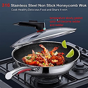 MEGOO 12.6 inch stainless steel nonstick wok pan with lid,stir fry honeycomb wok,cooking wok skillet,for gas cooktops,Induction,electric stove,dishwasher safe(PFA,PFOA Free)