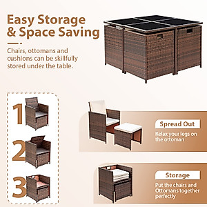 Homall 9 Pieces Dining Outdoor Furniture Patio Wicker Rattan Chairs and Tempered Glass Table Sectional Conversation Set Cushioned with Ottoman (Brown)