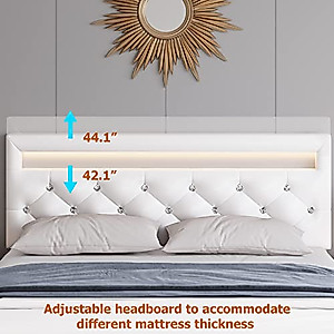 Modern Upholstered Platform Bed Frame with LED Headboard, Faux Leather Low Profile Platform Bed Frame, Strong Wood Slat Support, Adjustable Upholstered Headboard, Easy Assembly, White, Queen Size