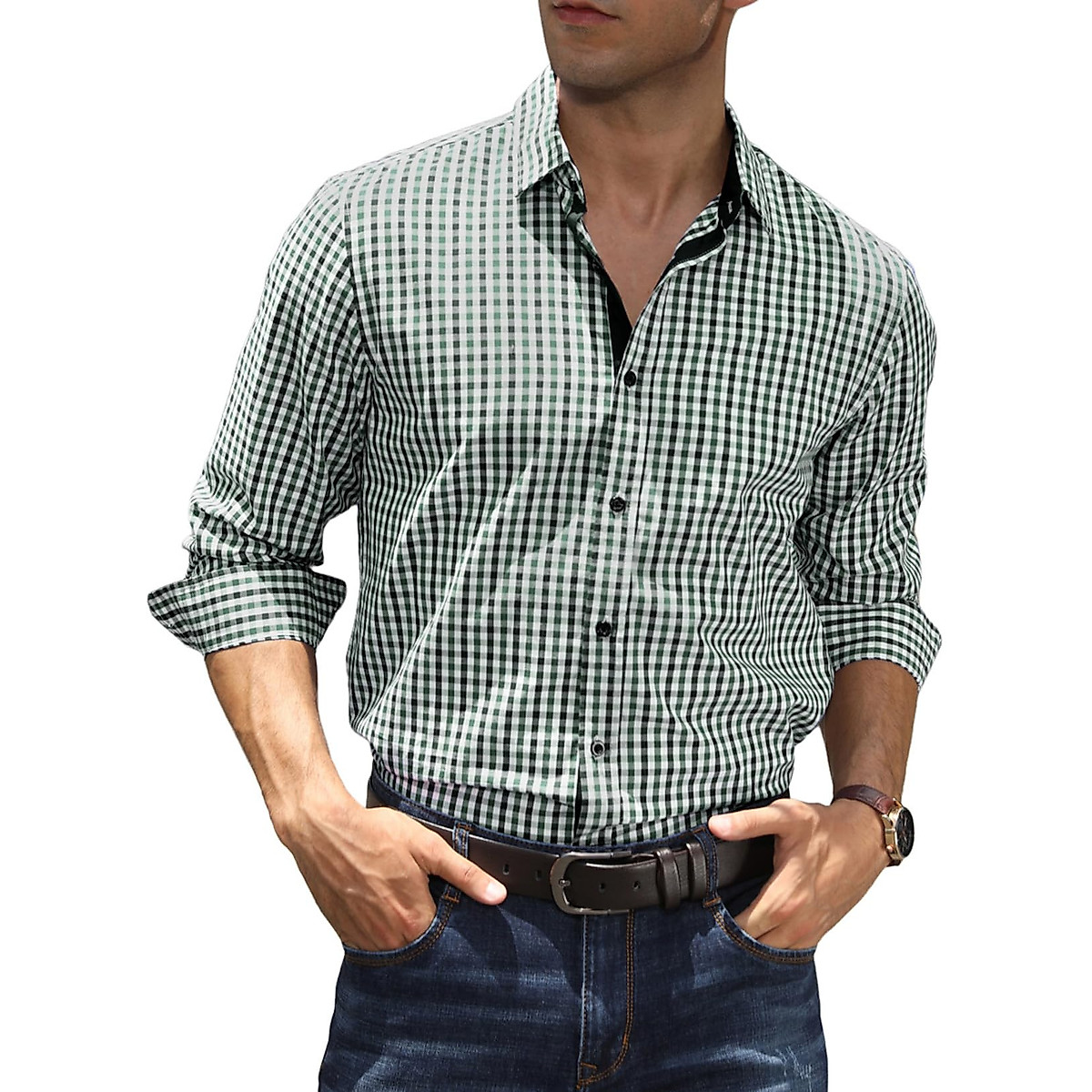 JMIERR Mens Button Up Shirts Long Sleeve Dress Shirts Plaid Slim Fit Fasion Casual Clothing, US 49(2XL), A Green