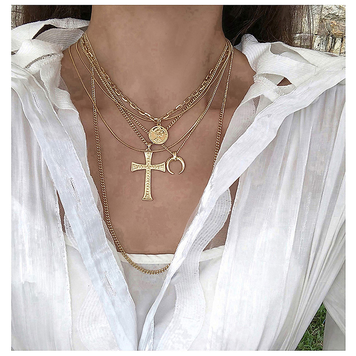 ACC PLANET Gold Layer Necklace Set 6PCS Gold Plated Multilayer Chain Moon Cross Coin Pendant Mother's Day Layered Choker Necklace for Women Gift