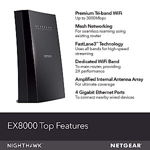 Netgear Wi-Fi Mesh Range Extender EX8000 - Coverage up to 2500 sq.ft. and 50 devices with AC3000 Tri-Band Wireless Signal Booster & Repeater (up to 3000Mbps speed), plus Mesh Smart Roaming (Renewed)