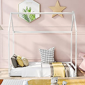 Merax Twin Size House Bed Wood Bed with Roof, Can be Decorated for Girls, Boys, Children House Bed Wooden Floor Bed, White
