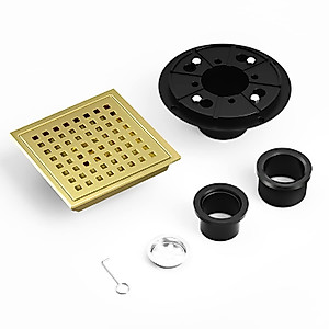 Bmvlffs Square Shower Floor Drain 6 Inch Brushed Gold, SUS 304 Stainless Steel with Flange, Removable Cover Quadrato Patten Grate, Includes Hair Strainer