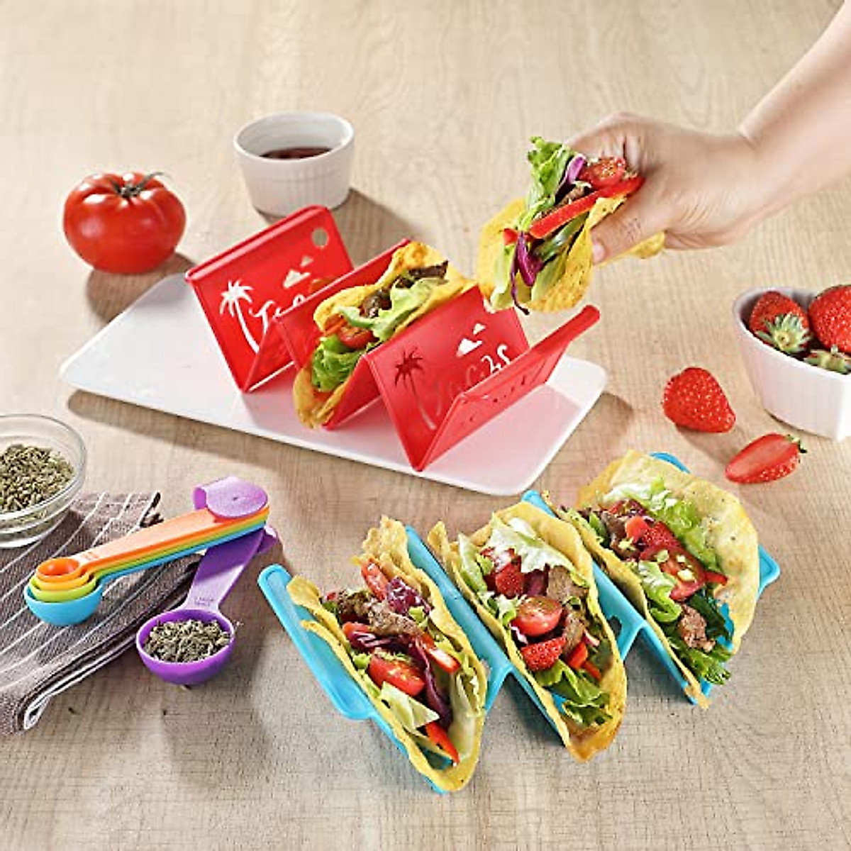 6PCS Taco Holder Stands with Unique Island Pattern, Colorful Premium Large Taco Holders Set of 6, Taco Stands for 3 Tacos, Street Taco Rack, PP Material, Dishwasher & Microwave Safe, Taco Tuesday