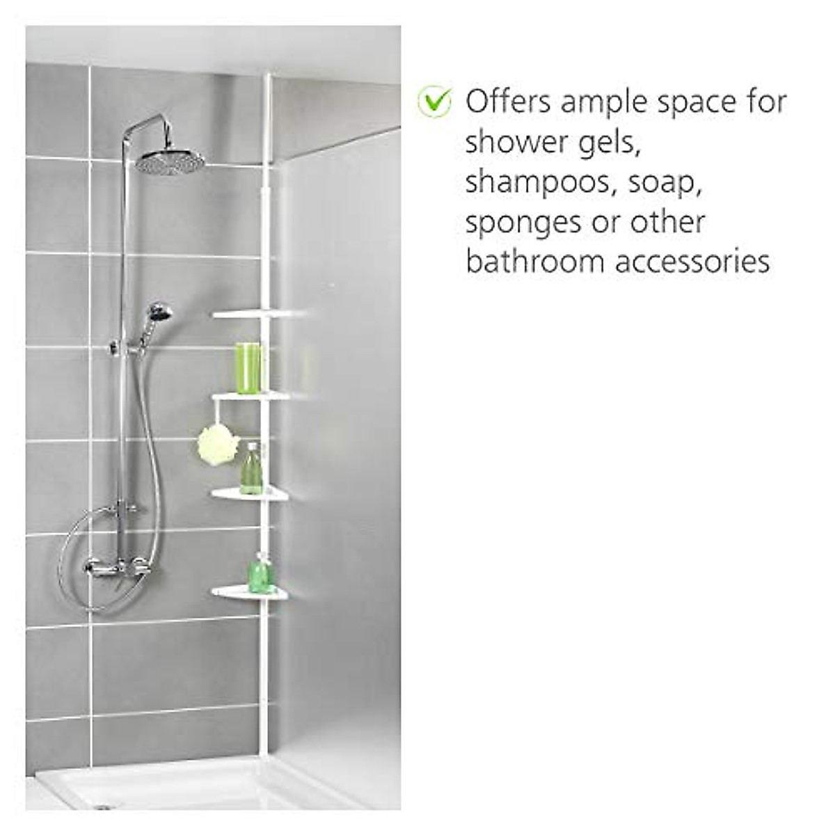 WENKO, White, Tension Pole, Caddy, Corner Shower Storage, 4 Shelves, 4 Hooks, Dimensions 10.2 x 30.7-108.3 x 7.7 108.3 x 7.7 inch
