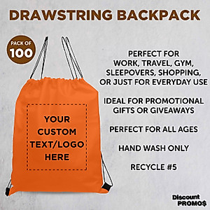 DISCOUNT PROMOS Custom Non-Woven Drawstring Backpacks Set of 100, Personalized Bulk Pack - Bring Everywhere You Go, Great for Travelling, Gym and for Everyday Use - Orange